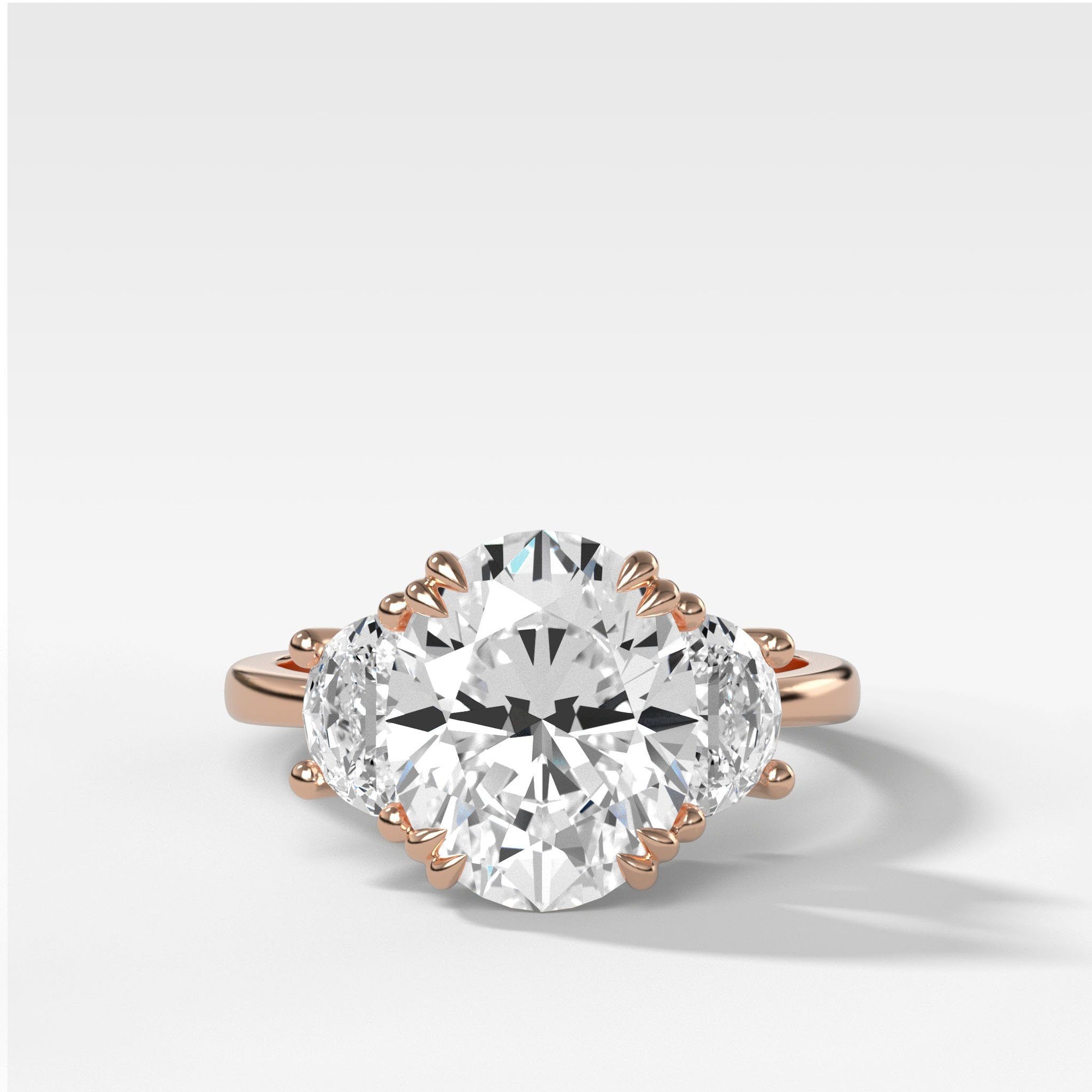 Oval Three Stone Engagement Ring With Half Moon Side Stones | GOODSTONE