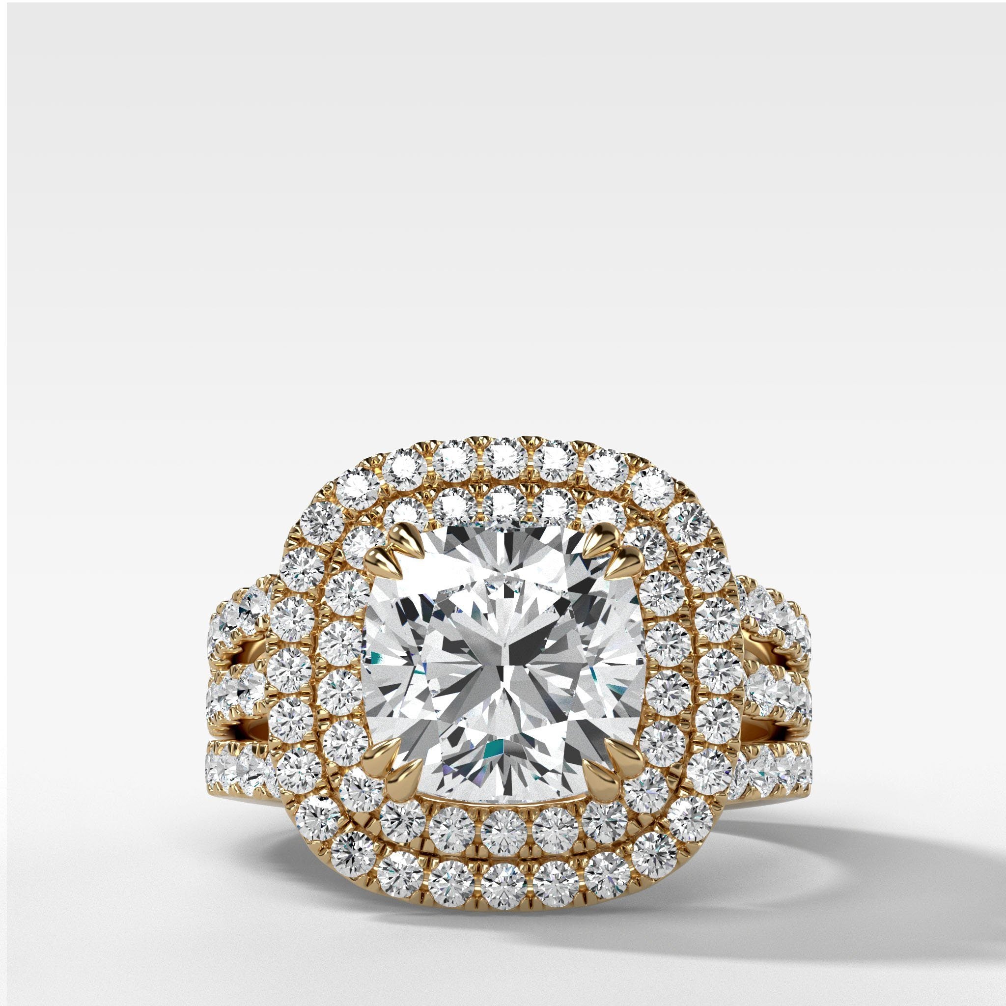 Double Halo Triple Shank Engagement Ring With Cushion Cut Diamond ...