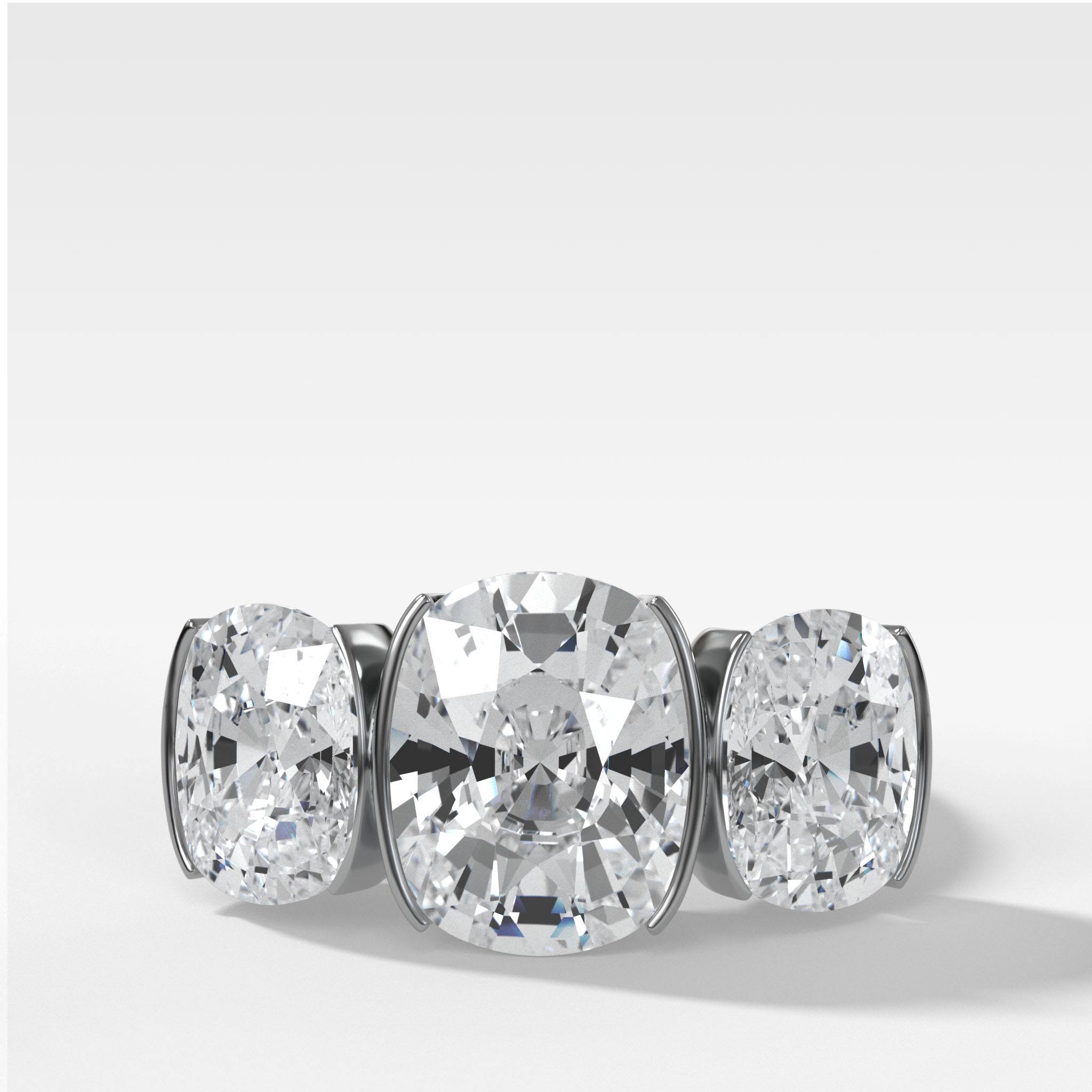 Half Bezel Triad Engagement Ring With Elongated Cushion Cut Diamonds ...