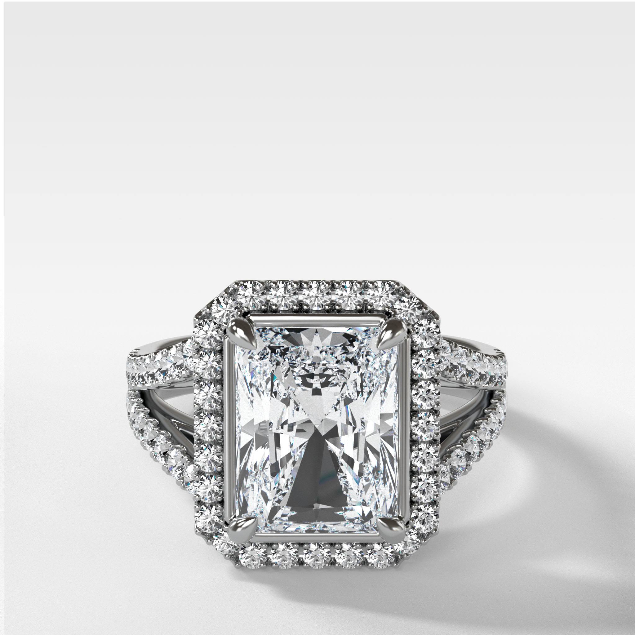 Split Shank Halo Engagement Ring With Radiant Cut Diamond | GoodStone