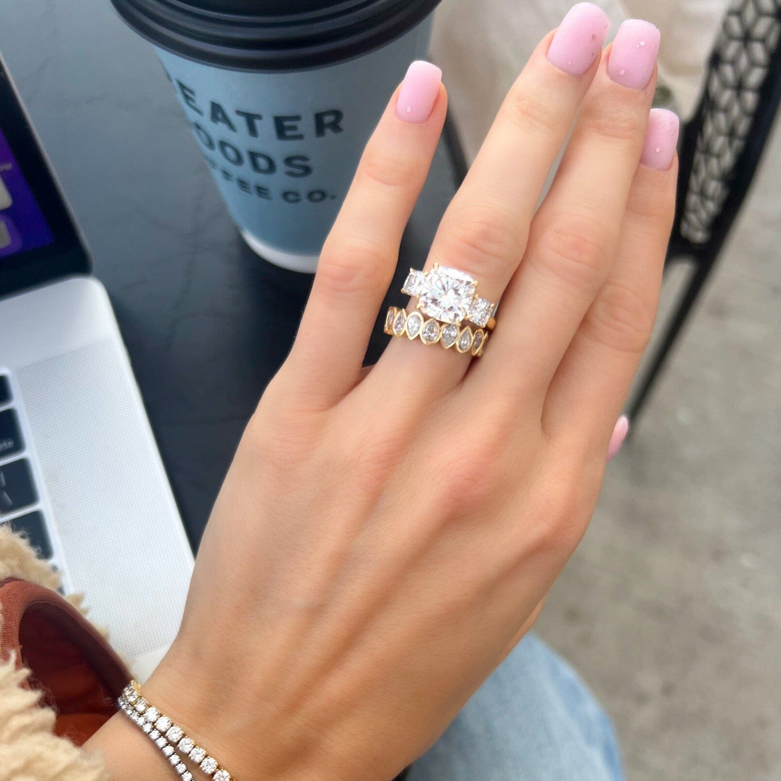 Triad Engagement Ring With Cushion Cut Diamonds - GOODSTONE